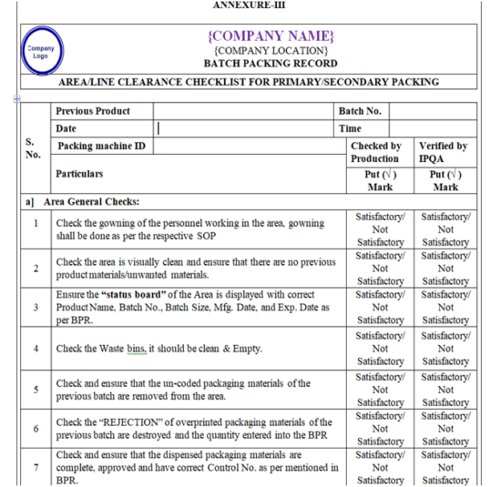 Standard Procedure For Line Clearance In Pharmaceutical Industry ...