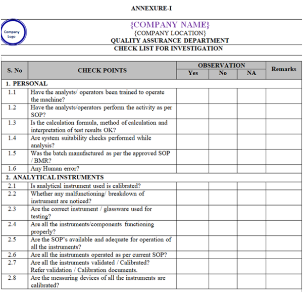STANDARD OPERATING PROCEDURE FOR INVESTIGATION IN PHARMACEUTICAL ...