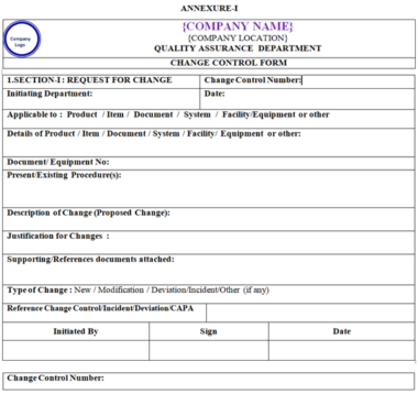 STANDARD OPERATING PROCEDURE FOR THE HANDLING OF CHANGE CONTROL IN ...