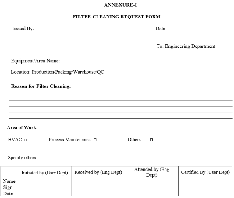 PROCEDURE FOR FILTER CLEANING REQUEST FORM – PharmaGuideHub
