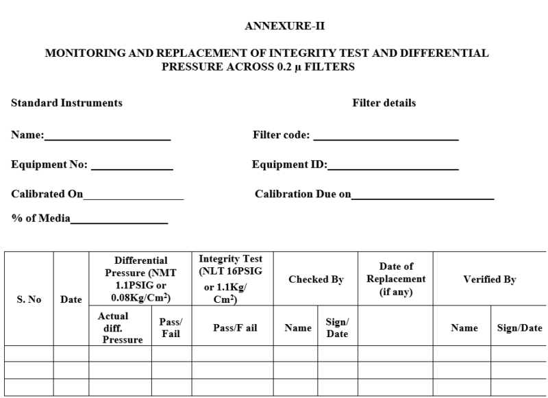 PROCEDURE FOR DIFFERENTIAL PRESSURE AND INTEGRITY TEST OF 0.2 µ FILTER ...