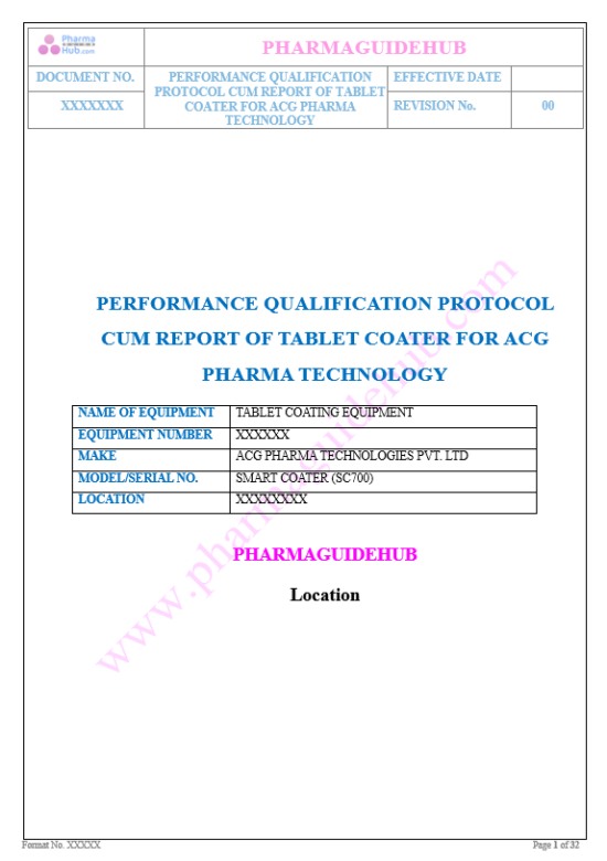 PERFORMANCE QUALIFICATION PROTOCOL CUM REPORT OF TABLET COATER FOR ACG ...