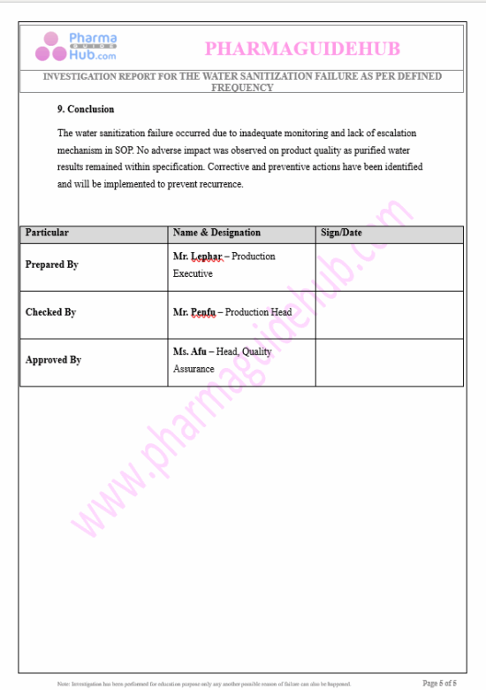 INVESTIGATION REPORT FOR THE WATER SANITIZATION FAILURE AS PER DEFINED ...