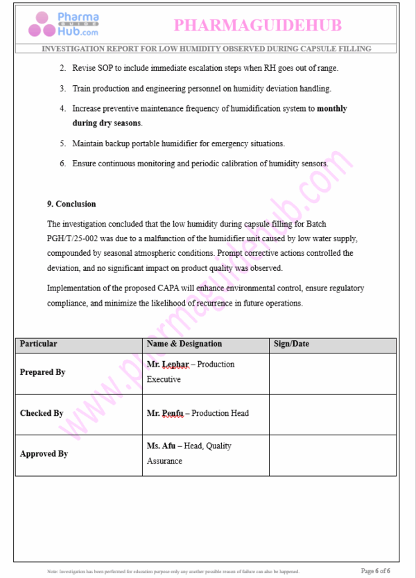 INVESTIGATION REPORT FOR LOW HUMIDITY OBSERVED DURING CAPSULE FILLING ...