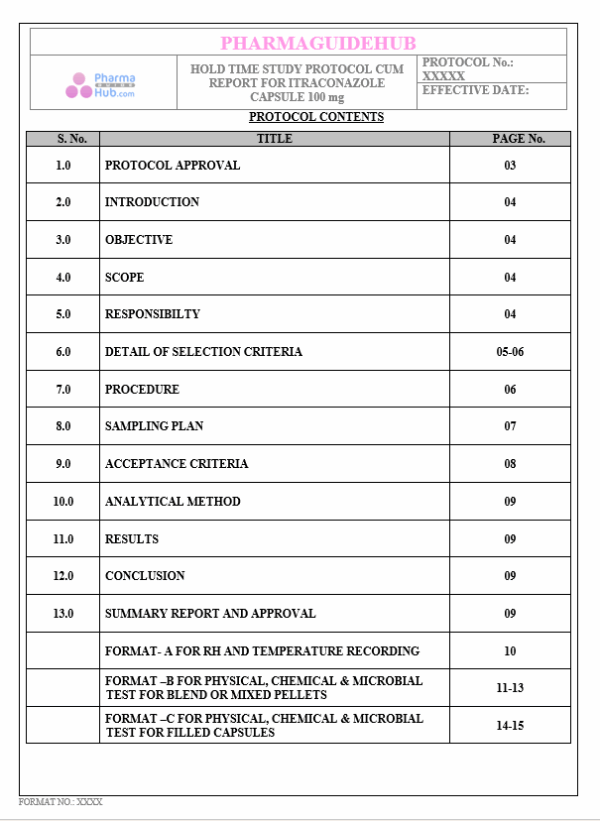 HOLD TIME STUDY PROTOCOL CUM REPORT FOR ITRACONAZOLE CAPSULE 100 mg ...